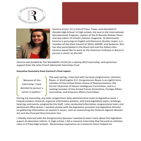 Named Internship Profile Summary - Rachel Wang (Class of 1964) | PDF