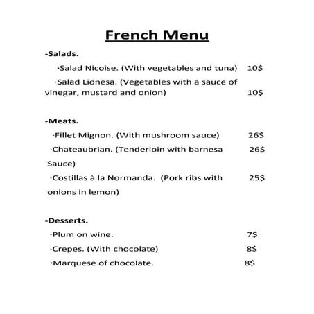 French menu | DOCX | Cooking | Food & Drink