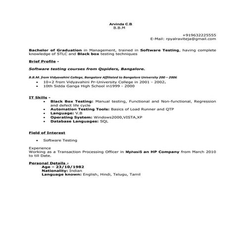 Fresher testing-resume-template | DOC