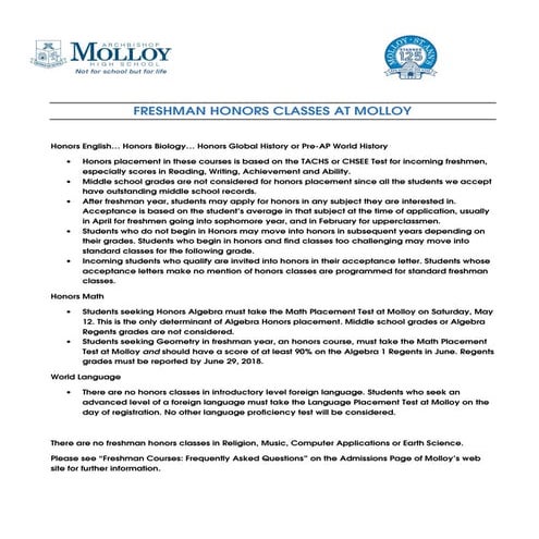 Freshman honors classes at molloy high school | PDF