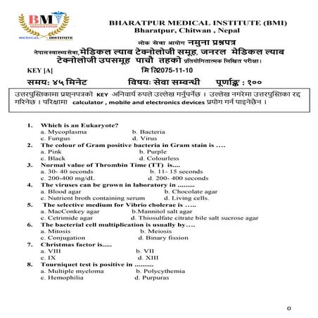 MCQ for Medical Lab Technician | PDF