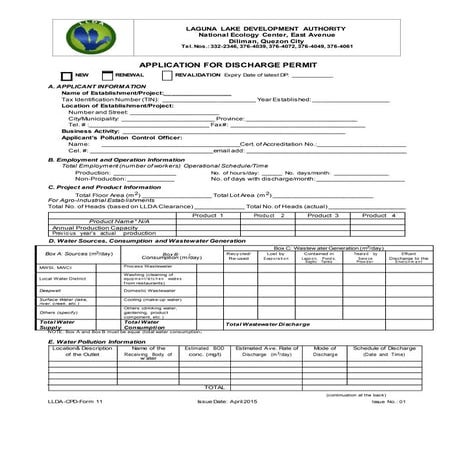 LLDA Discharge Permit Application Form | DOCX