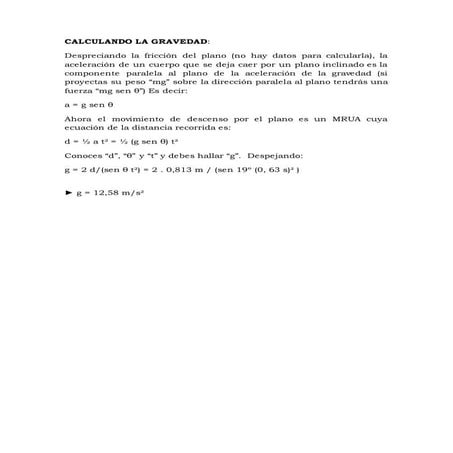 Fórmula para calcular la gravedad en plano inclinado | DOCX