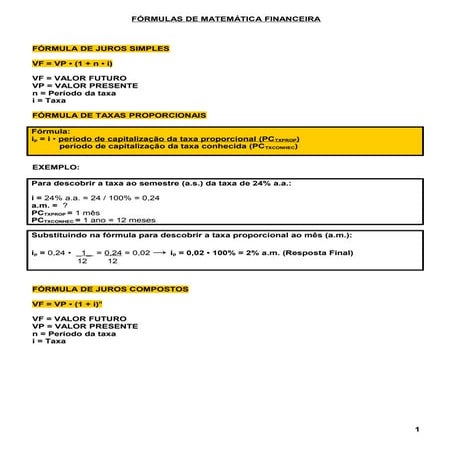 Fórmulas de matemática financeira | DOC
