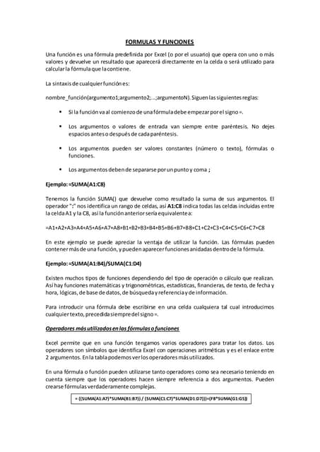 Fórmulas y funciones básicas: descripción, sintaxis y ejercicios de aplicación. | PDF ...