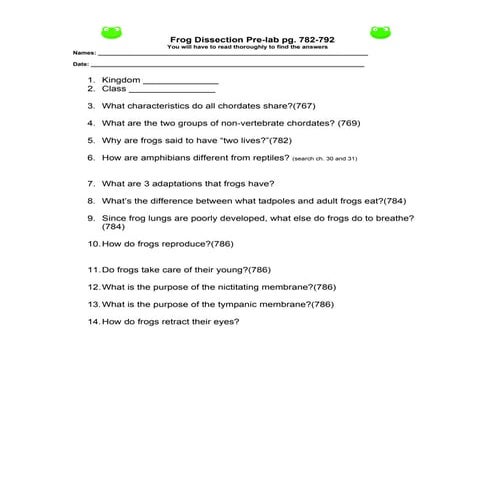 Frog dissection worksheet 2 | DOC