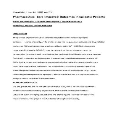 From pharmaceutical care improved outcomes in epileptic patients cmu. j. nat. sci. (2008) vol. 7 ...