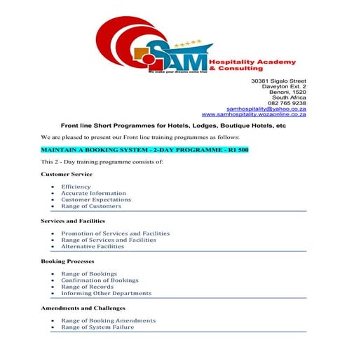 Housekeepers training programmes sam hospitality academy | PDF