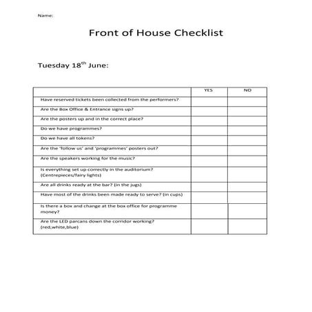 Front of house checklist | DOCX