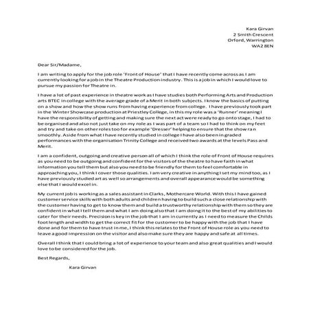 Front of house job application letter | DOCX