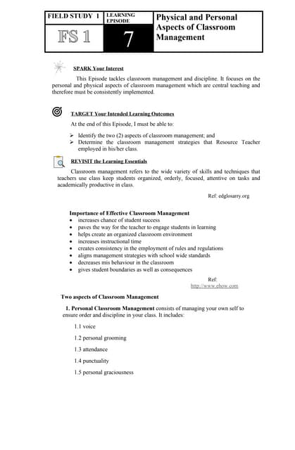 Field Study 1, Episode 3 "Classroom Management And Learning" | DOCX