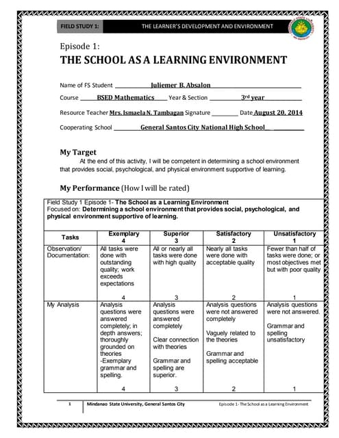 Field study 1 episode 1 | DOC | Educational Assessment | Education