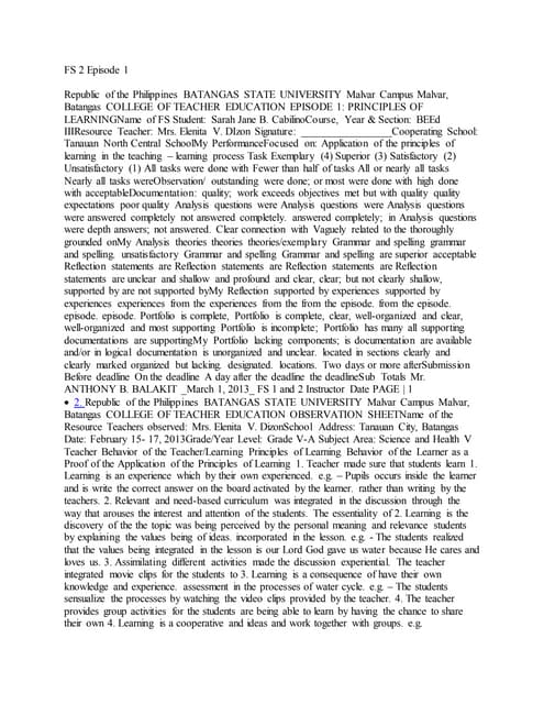 Field Study 2 Episode 1 Principles of Learning | DOCX