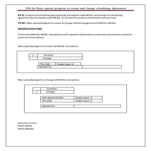 Fsd for mass upload program to create and change of scheduling agreement | PDF