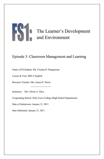 Fs 1 episode 3 classroom management and learning | DOCX | Educational ...