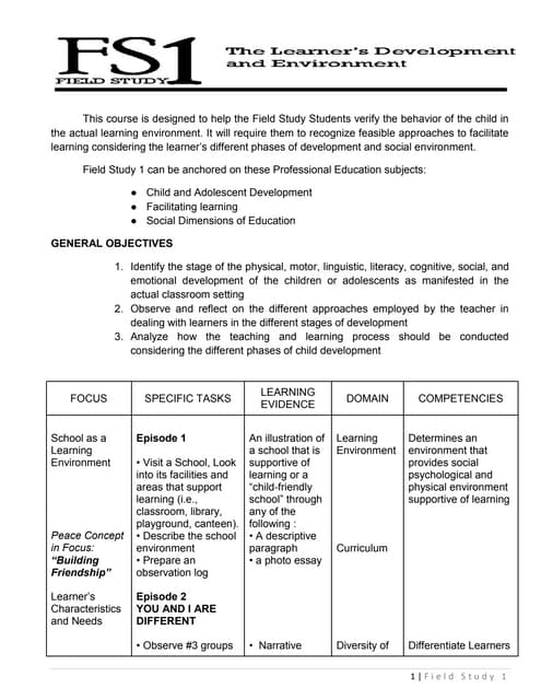 Field study 1 episode 1 | DOC | Educational Assessment | Education
