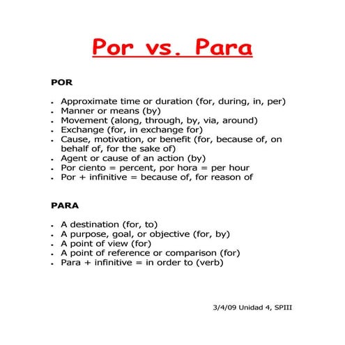 Por Para Difference Spanish Game: Por Vs. Para | Por Y Para
