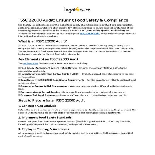 FSSC 22000 Audit – Ensure Food Safety & Compliance | Legal4sure | PDF