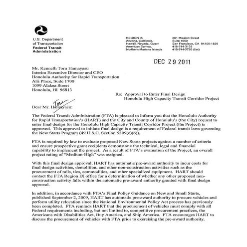 FTA Final Design Letter | PDF | Rail Travel | Travel Type