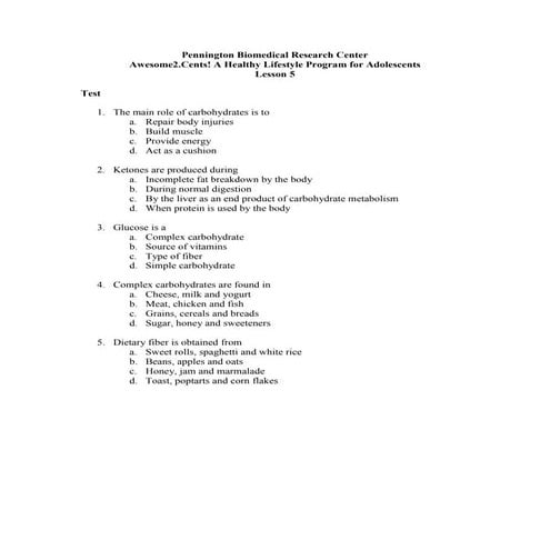 Fueling your body pre and post test unit 5 | PDF