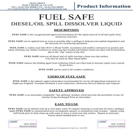 Fuel safe - Diesel / Oil Spill Dissolver Liquid | PDF