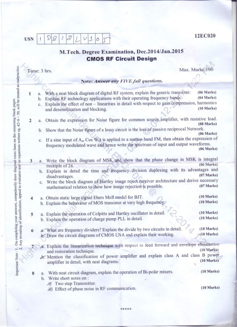 CMOS RF VLSI MTech 3rd sem VTU QUESTION PAPER 2014-15