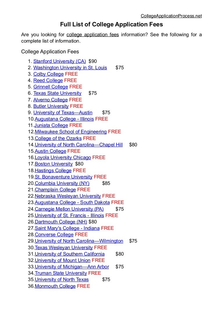 Full list of college application fees