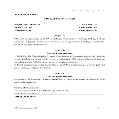 CIM & Automation Lab Manual VTU | PDF