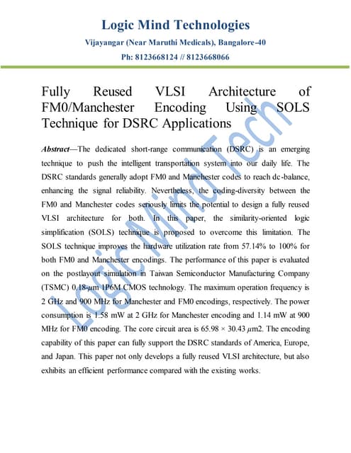 Fully Reused Vlsi Architecture Of Fm0 Manchester Encoding Using Sols Technique For Dsrc