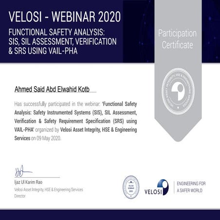 Certificate of Completion "Functional Safety Analysis Safety Instrumented Systems (SIS), SIL ...