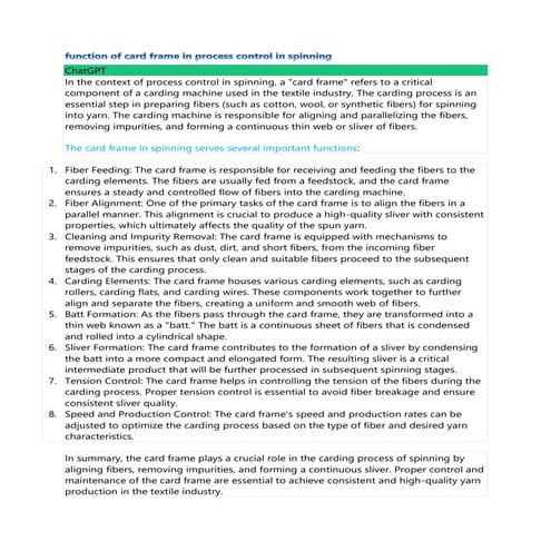 function of card frame in process control in spinning.docx