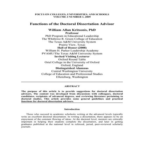 Functions of the Doctoral Dissertation Advisor by William Allan ...