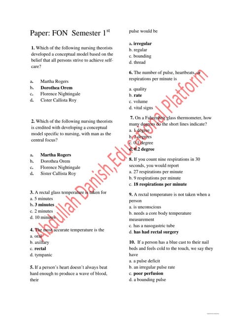 Fundamental of Nursing 1st semester BSN mcqs for practice,Educational Platform.pdf ...