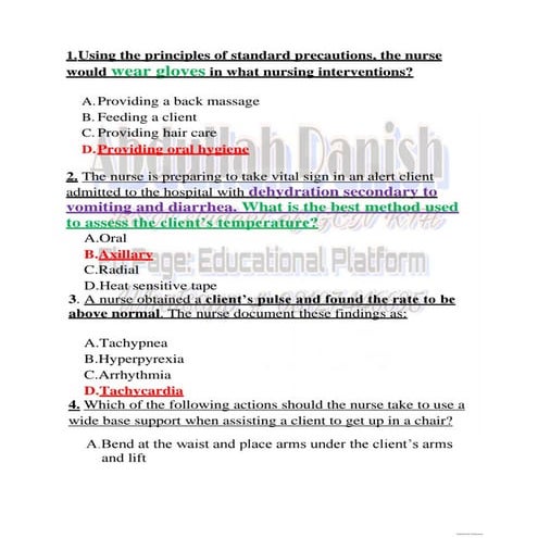 Fundamental of Nursing 1st semester BSN mcqs with answer key ...