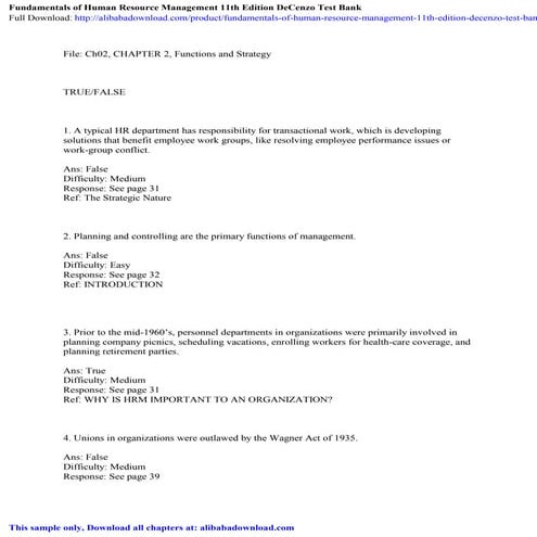 Fundamentals of Human Resource Management 11th Edition DeCenzo Test ...
