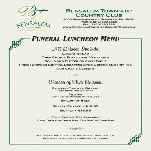 FUNERAL LUNCHEON MENU | PDF