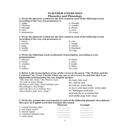Further exercises phonetics and phonology | PDF