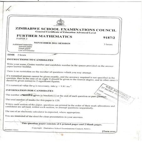 Further mathematics paper 2 november 2011 zimsec cambridge zimbabwe | PDF