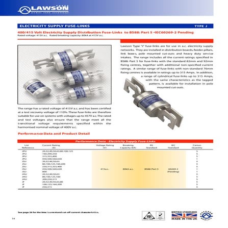 Lawson Low Voltage Fuses - Type J Electricity Supply Fuse Links | PDF