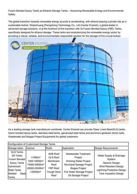 Center Enamel's Ethanol Storage Tanks – Engineered for Safety ...