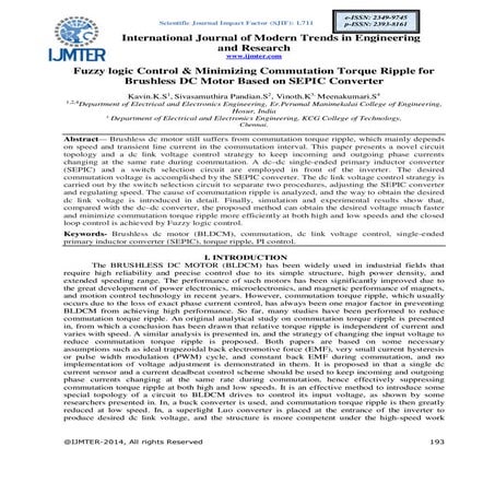 Fuzzy Logic Control And Minimizing Commutation Torque Ripple For Brushless Dc Motor Based On Sepic 
