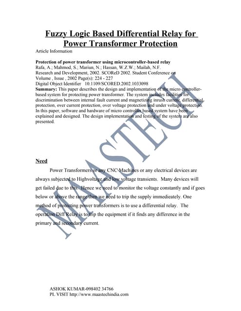 Fuzzy Logic Projects Power Transformer Protection For Fuzzylogic