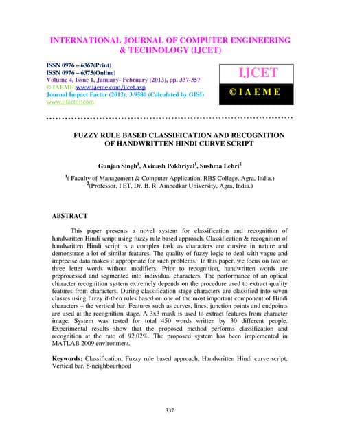 Fuzzy Rule Based Classification And Recognition Of Handwritten Hindi Pdf