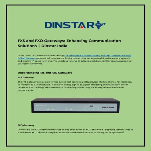 FXS and FXO Gateways |analog-voip-gateways| Dinstar India | PDF