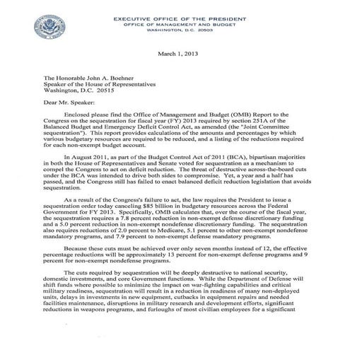 OMB Letter to Congress regarding Sequestration | PDF