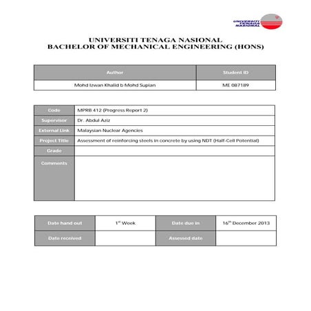 Fyp 1 progress report 2 half cell measurement for reinforce steel concrete %28 mohd izwan khalid ...