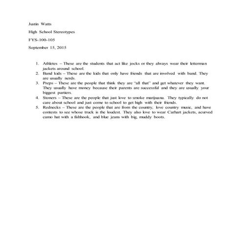 Fys high school stereotypes | DOCX