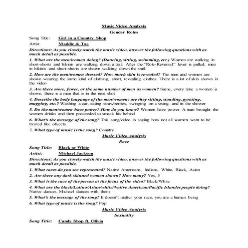 Music video analysis worksheets | DOCX