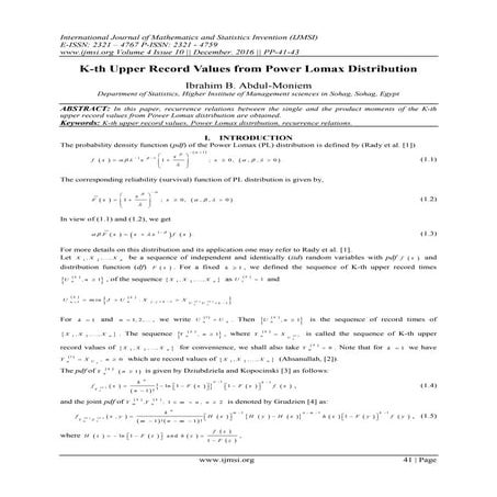 K Th Upper Record Values From Power Lomax Distribution Pdf