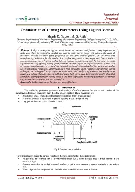 Optimization Of Turning Parameters Using Taguchi Method Pdf